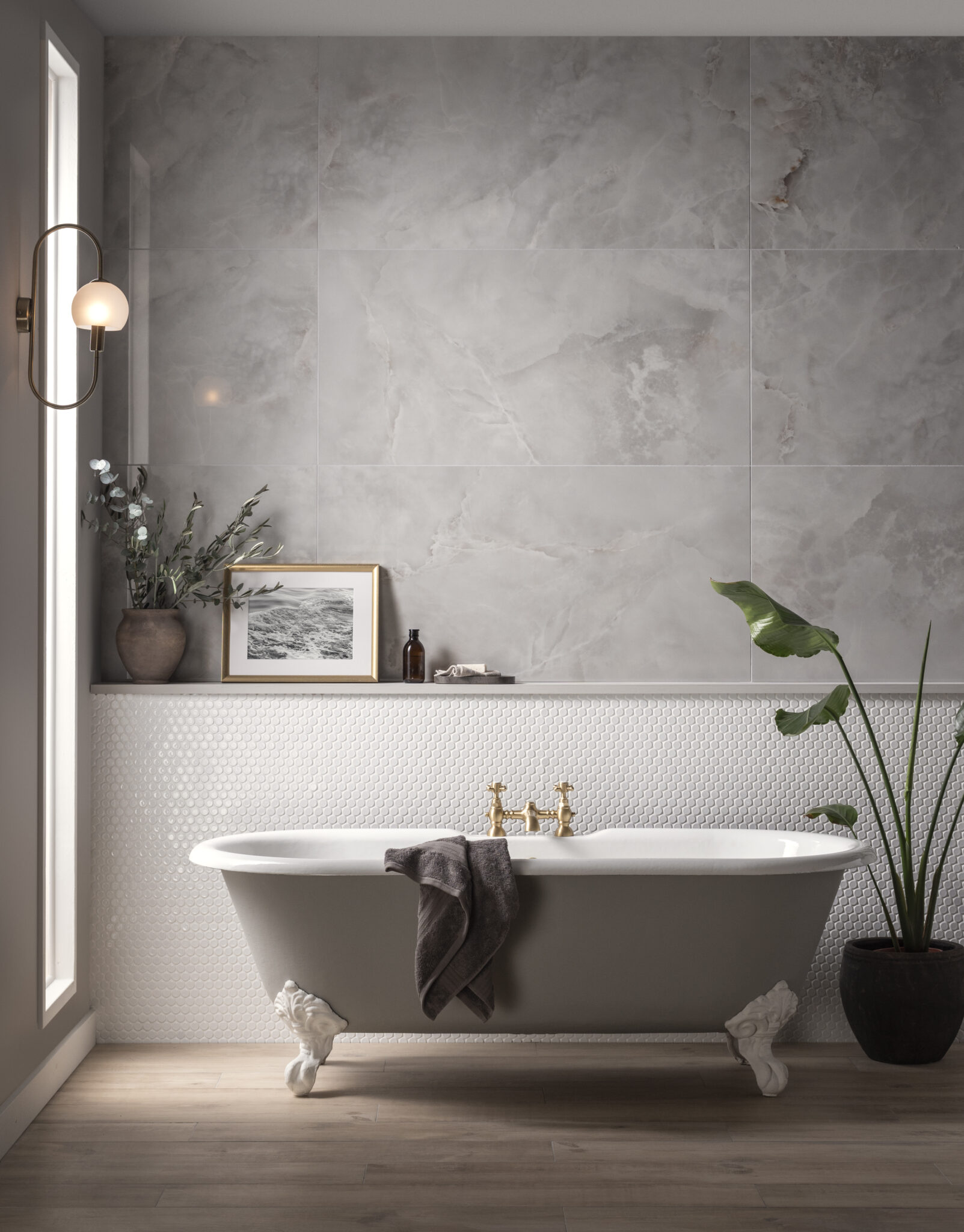 Gemstone Pearl Grey Porcelain Onyx Effect Tile 600mm x 1200mm