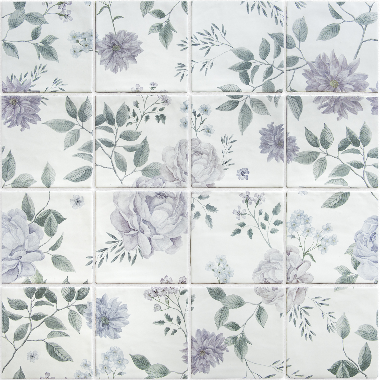 Cottage Garden Blue Grey Ceramic Floral Patterned 16-Tile Panel