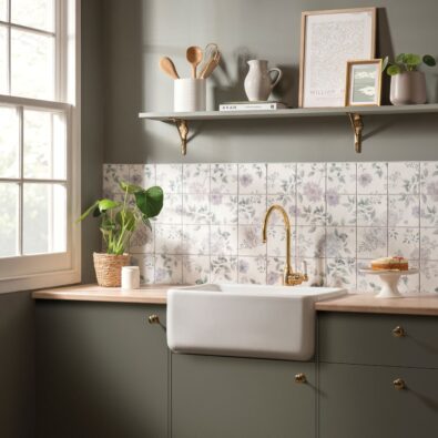 Cottage Garden Blue Grey Ceramic Floral Patterned 16-Tile Panel