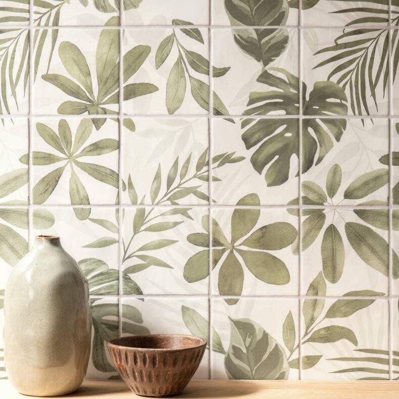 Jungle Grove Green Ceramic Botanical Patterned 16-Tile Panel
